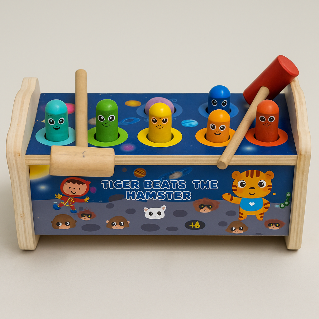 Tiger Beats the Hamster - Wooden Toy with Hammers - Second Hugs